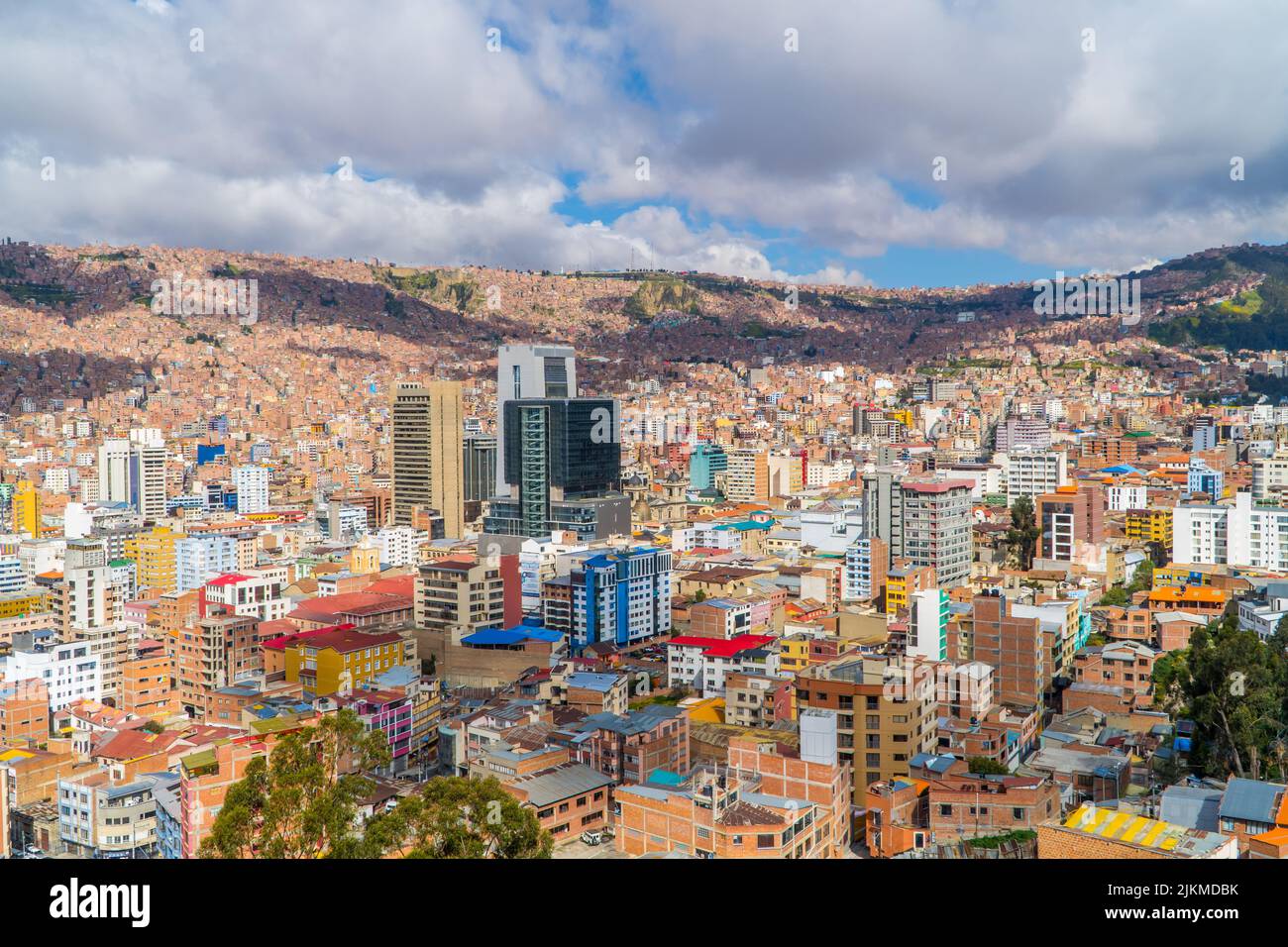 An aerial shot of Sopocachi highrises and informal neighborhoods of El ...