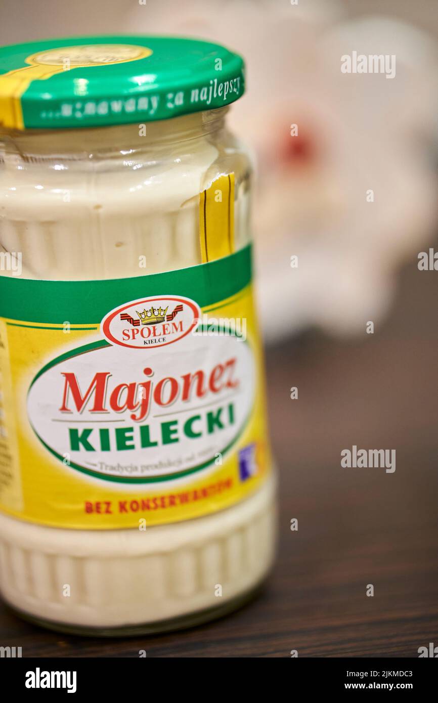 A vertical shot of a Kielecki brand mayonnaise in a glass jar Stock ...