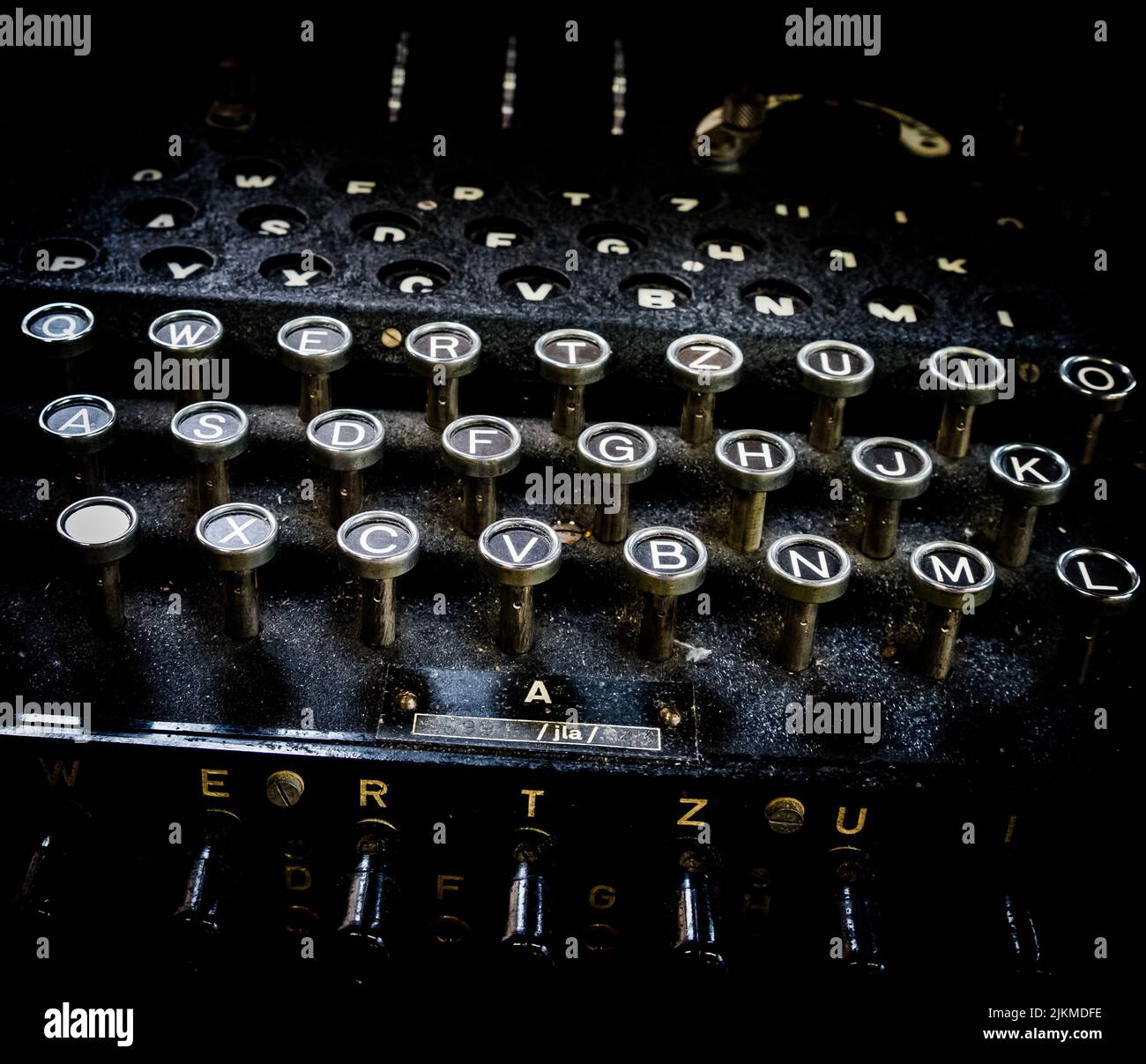 Black and white image of the plugboard, keyboard, indicator lights and ...