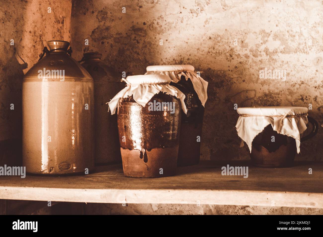 Storage jars in the cellar at Canons Ashby National Trust. July 2017 ...
