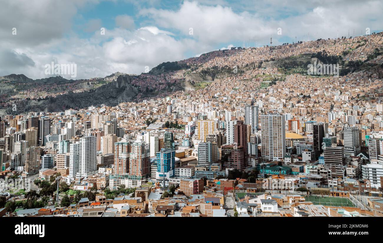 An aerial view of the Sopocachi highrise buildings in La Paz, Bolivia ...