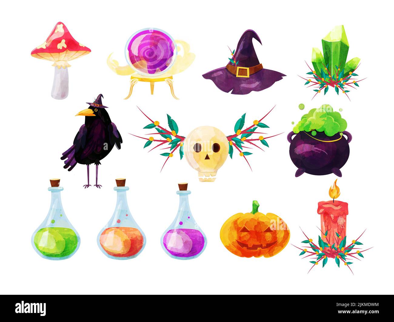 Watercolor halloween clipart including amanita, raven, magic crystal ...