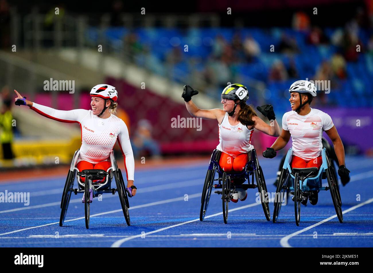 England's Hannah Cockroft (left) after winning the Women's T33/34 100m ...