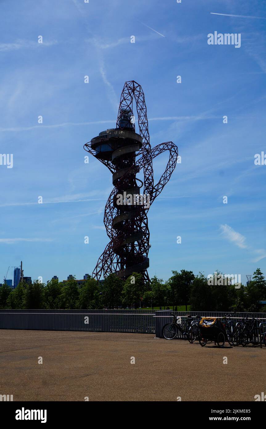 a vertical shot of ArcelorMittal Orbit tower on a Summer's day, London ...