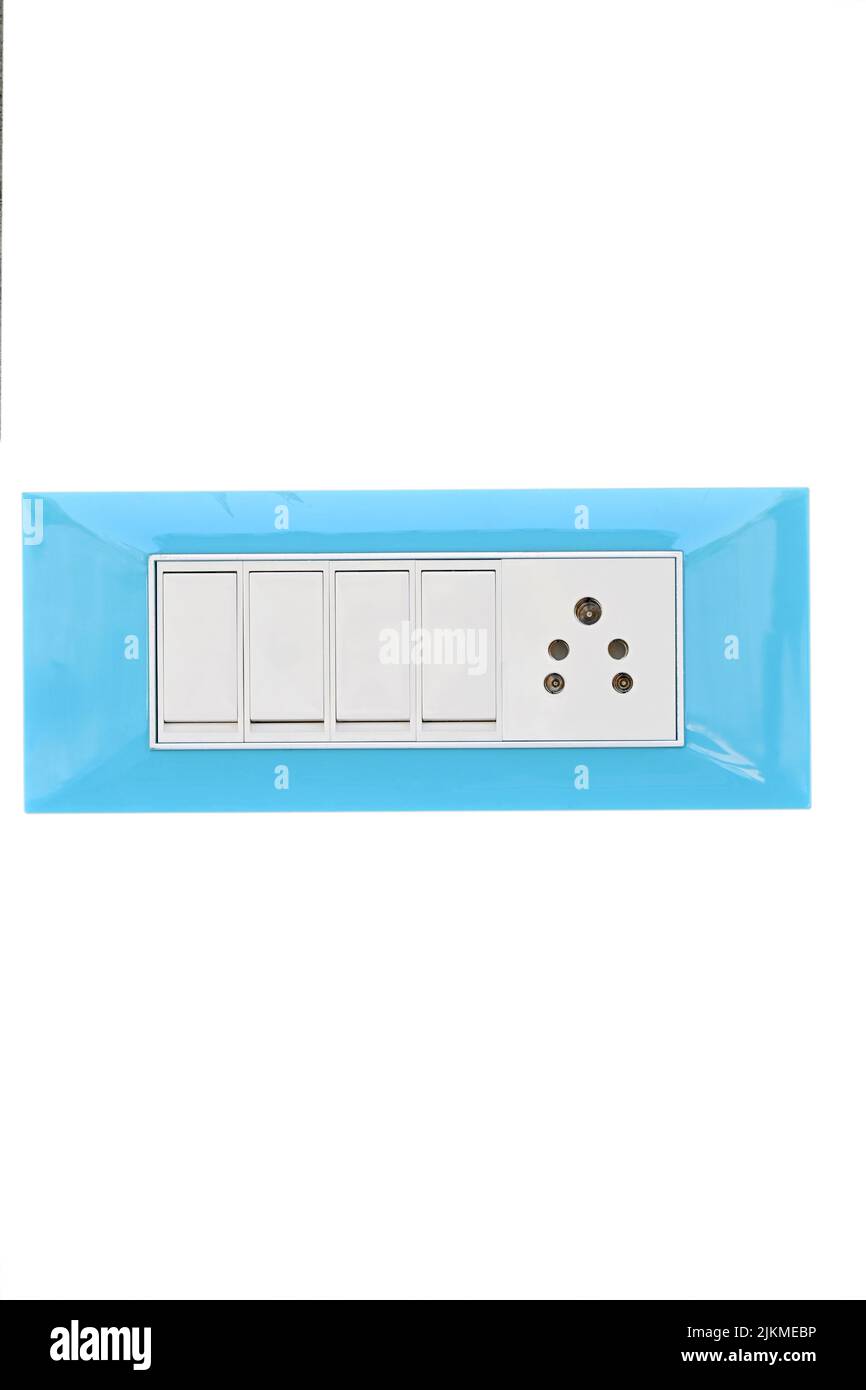 closeup the electricity switch with port and sky blue plate isolated on ...