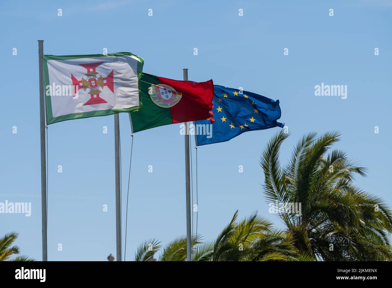 The flag of Portugal and the flag of the European Union waving Stock ...