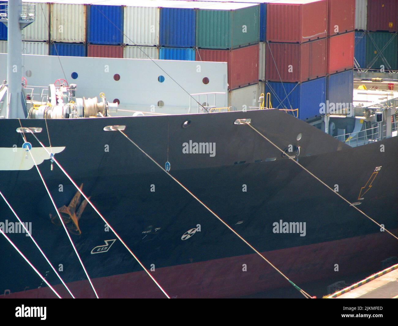 Container ship in port at container terminal. Ships of container ships ...