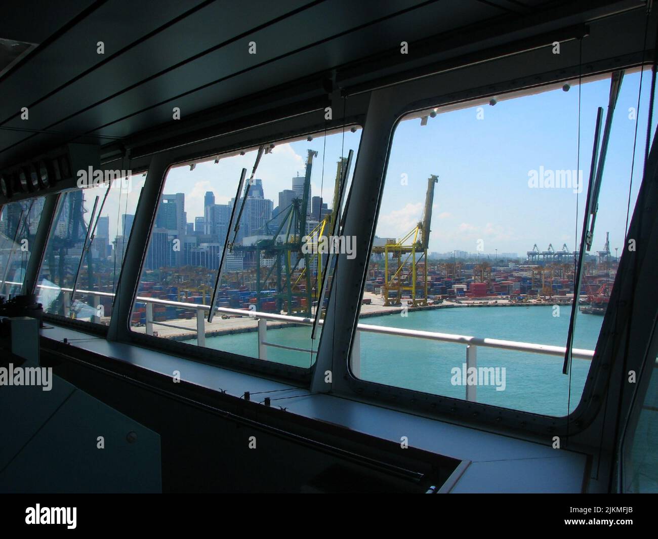 View of the industrial port from the captain's bridge of the ship ...