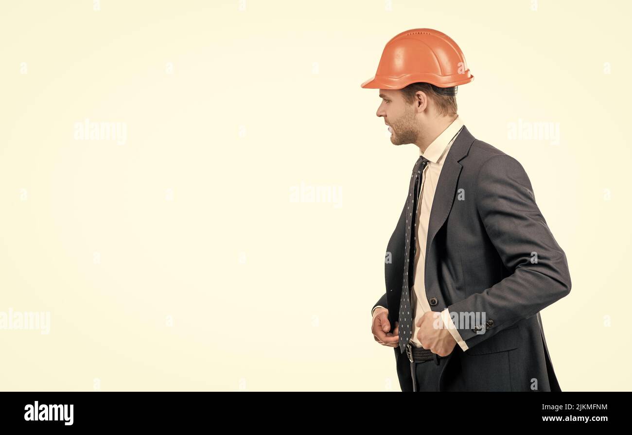 Professional man wear hardhat with formal suit isolated on white copy ...