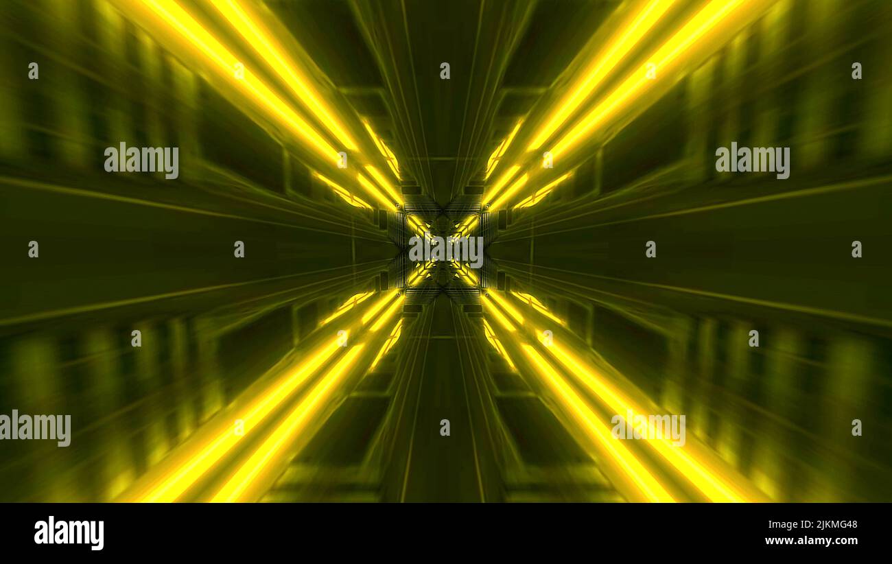 A 3D render of futuristic abstract kaleidoscopic patterns neon tunnel ...