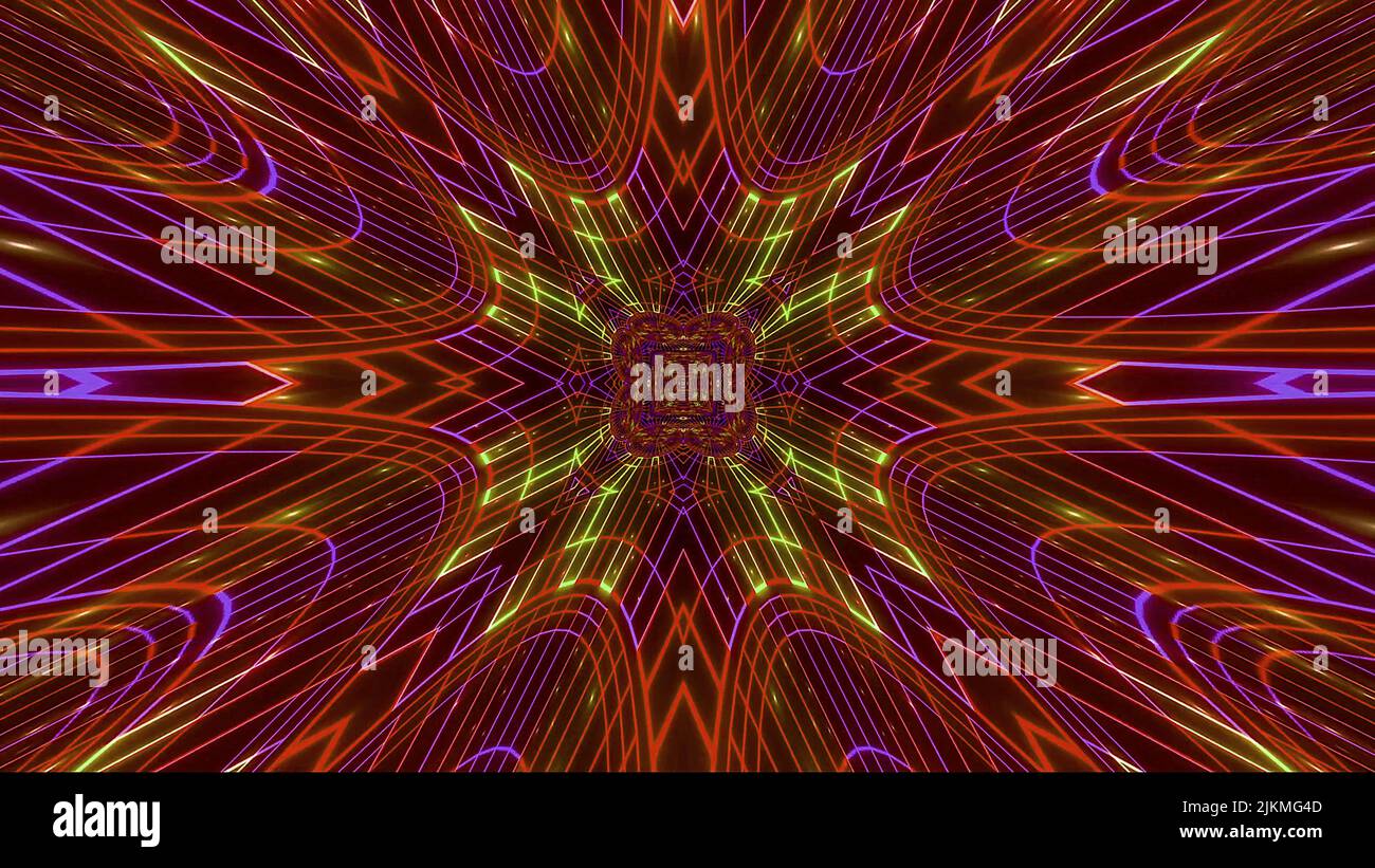 A 3D render of futuristic abstract kaleidoscopic patterns neon tunnel ...