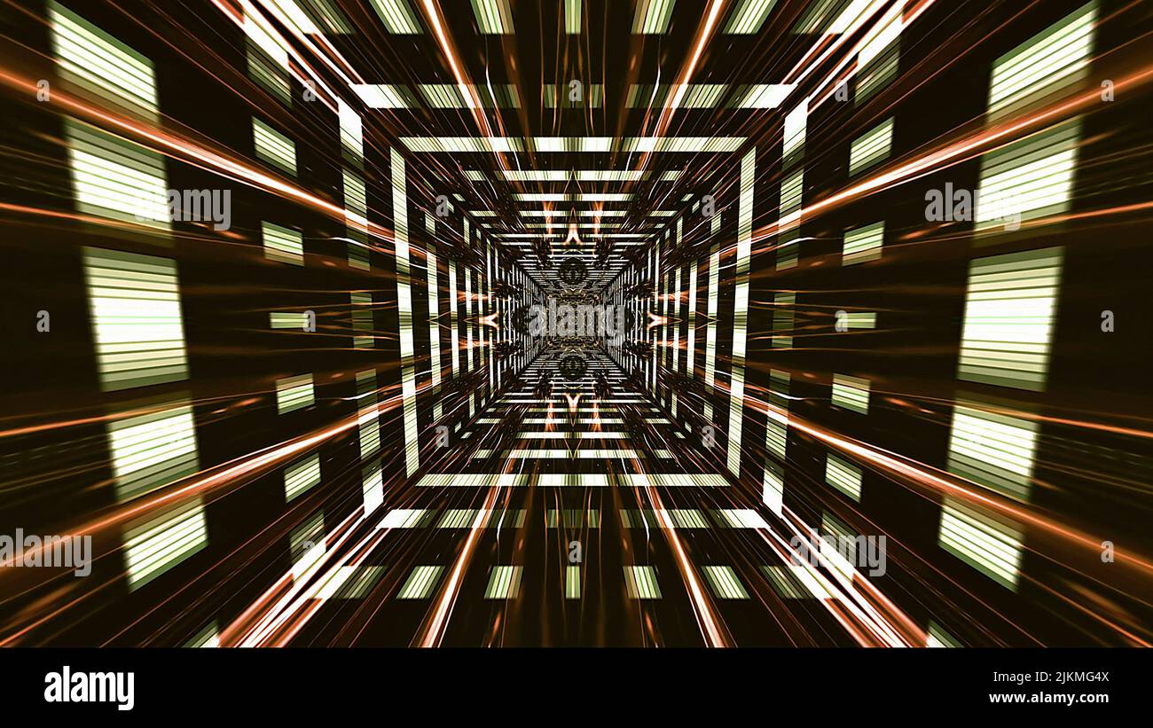A 3D render of futuristic abstract kaleidoscopic patterns neon tunnel ...
