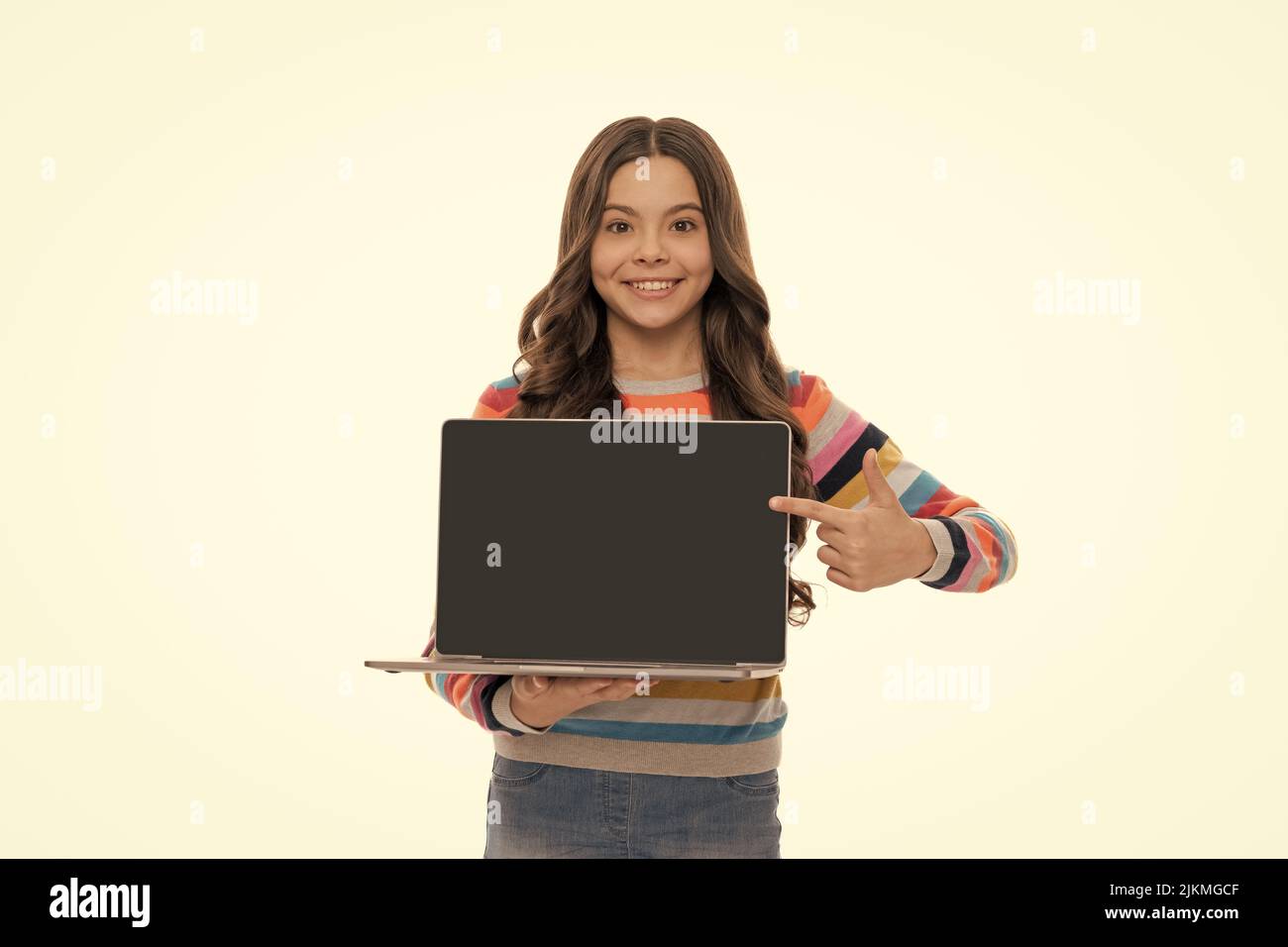 pointing finger. happy child presenting product. school presentation on ...