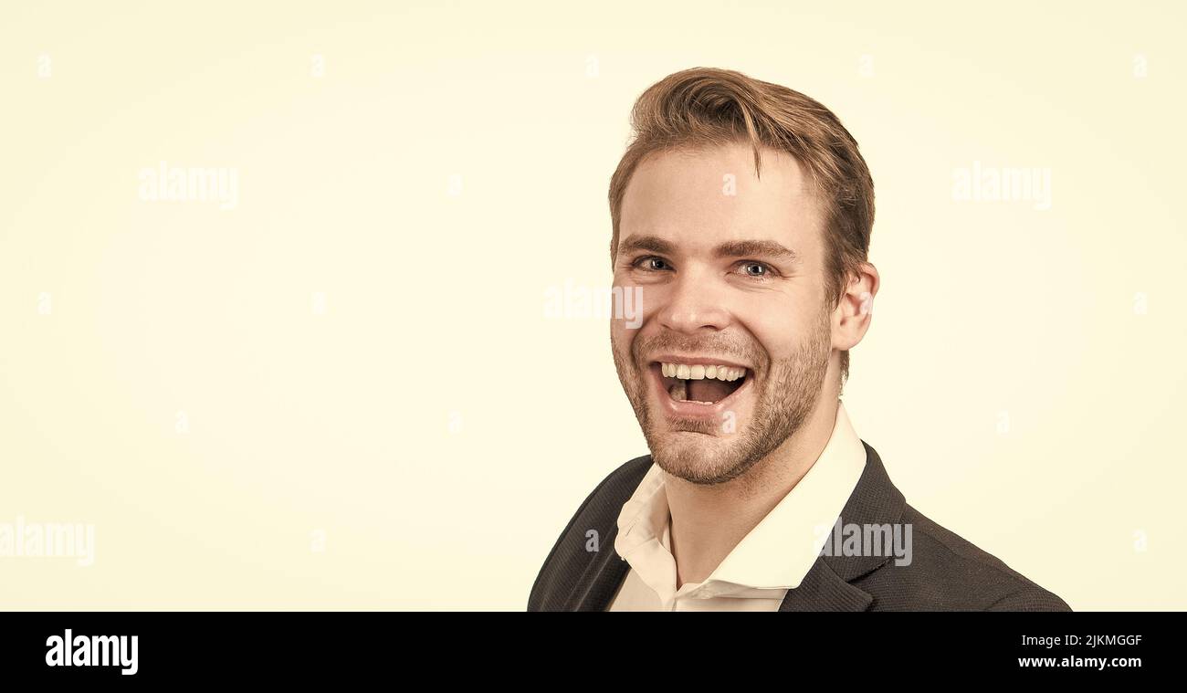 He who wears a smile. Portrait of happy guy. Professional guy smile ...