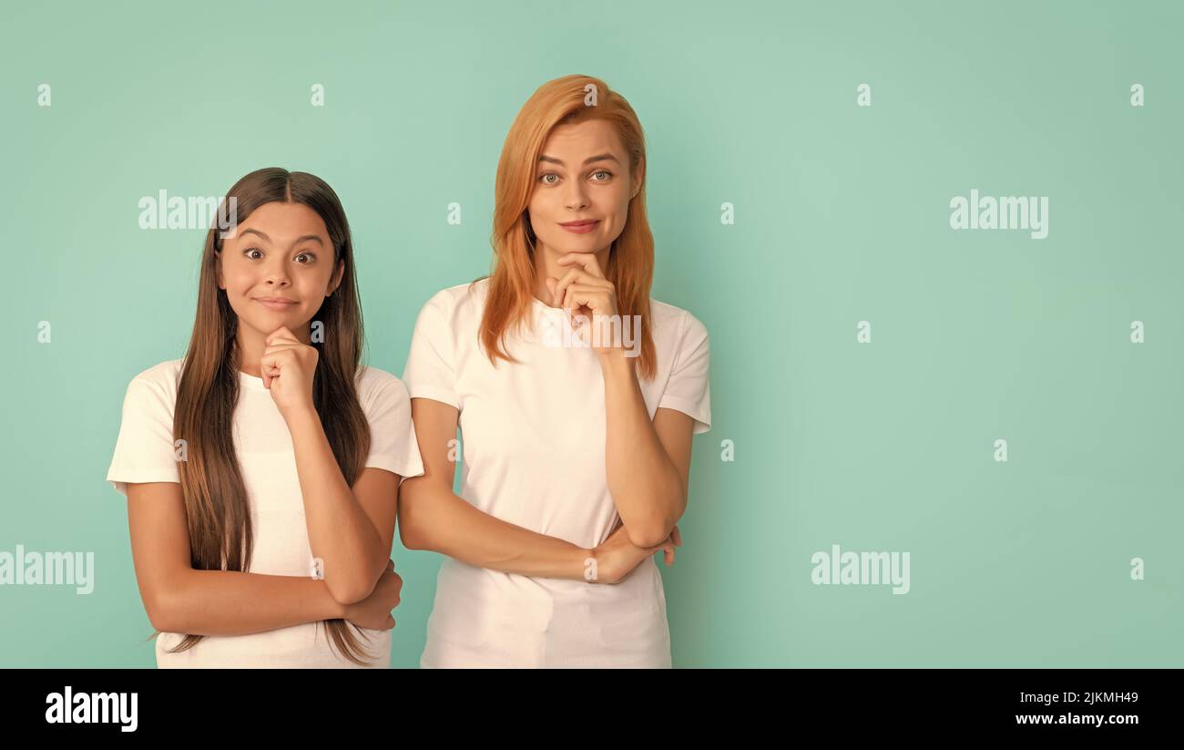 thinking mother and kid with straight hair in white shirts, decision ...