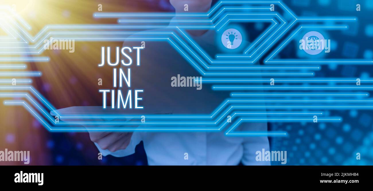 Conceptual display Just In Time. Word Written on Arriving exactly at ...