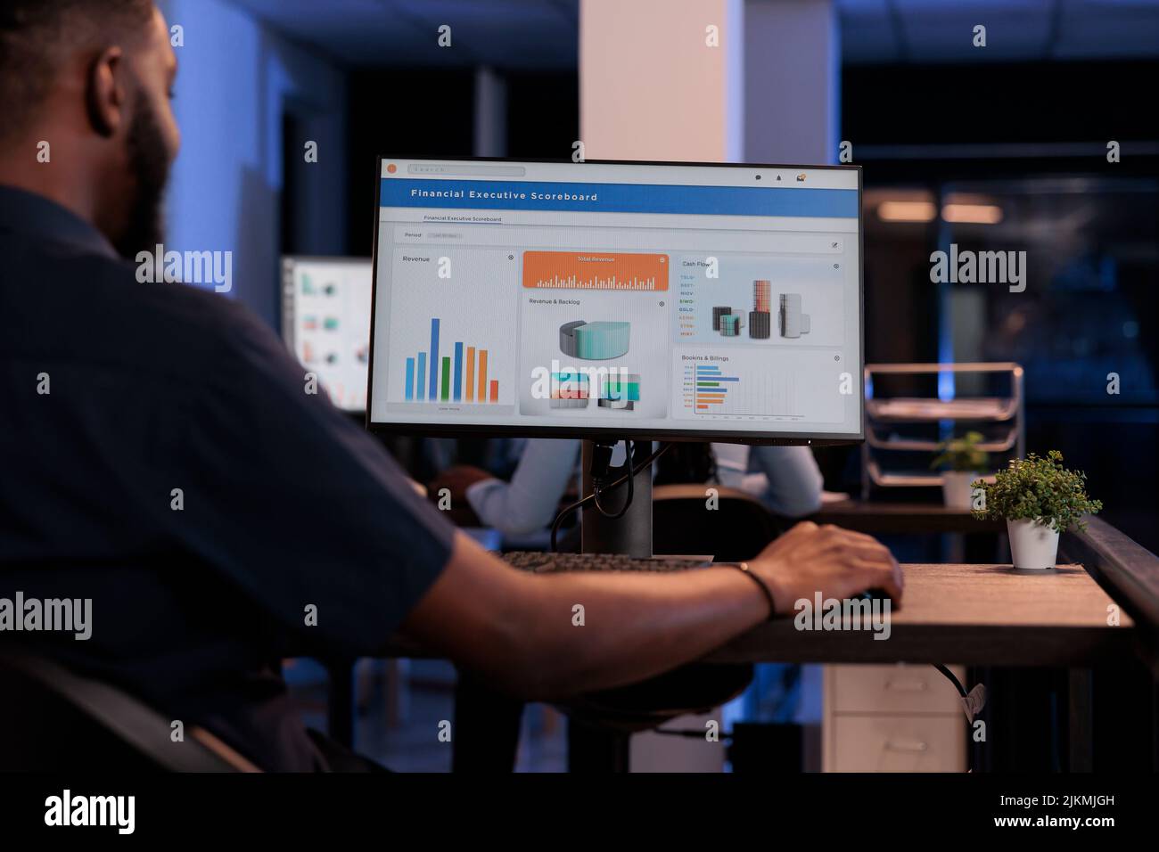 Executive manager looking at computer monitor with charts, analyzing ...