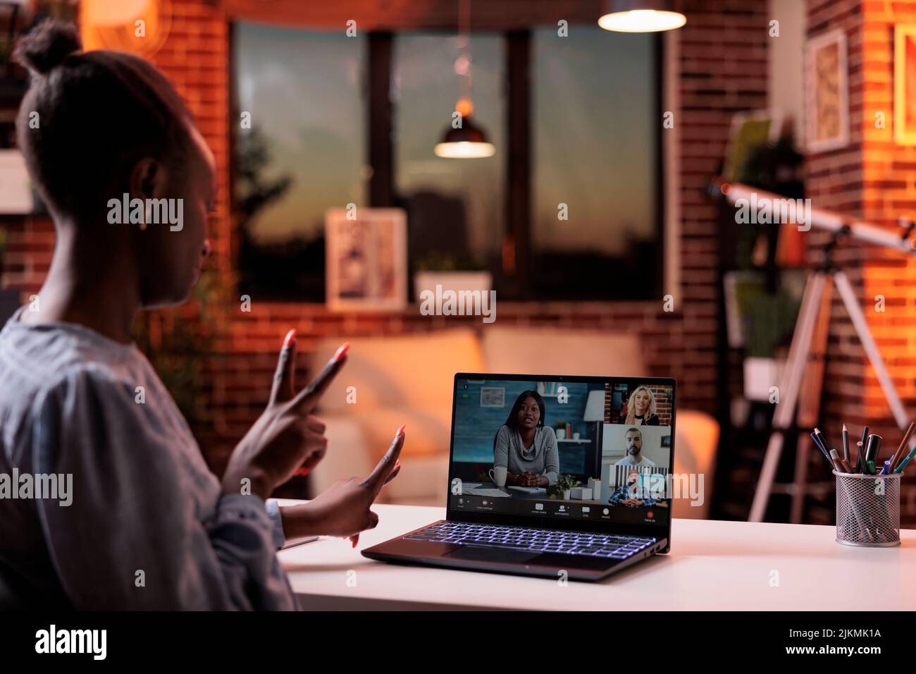 Online business meeting with coworkers, remote team brainstorming on ...