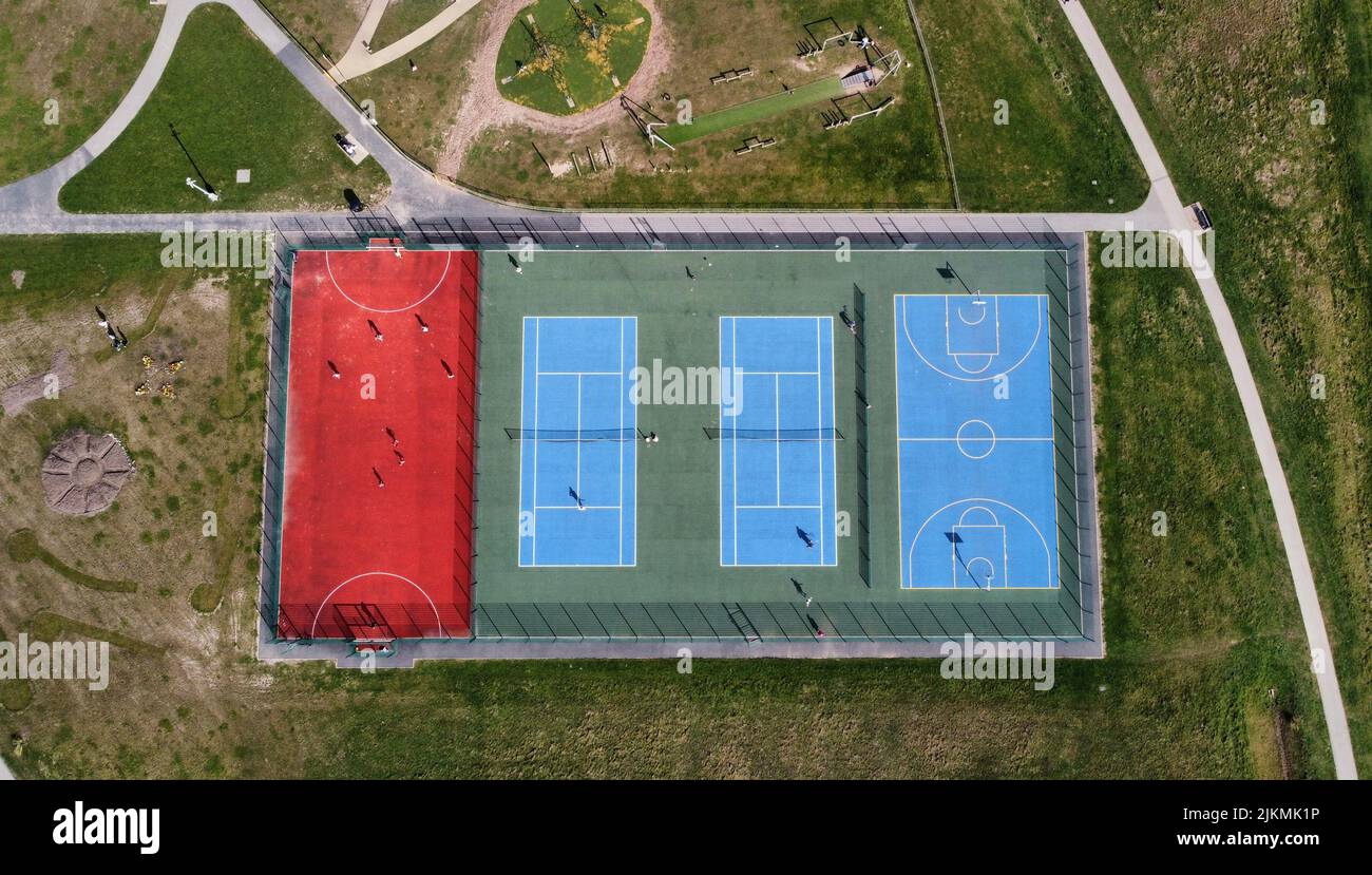 An aerial top view of tennis and basketball courts Stock Photo - Alamy