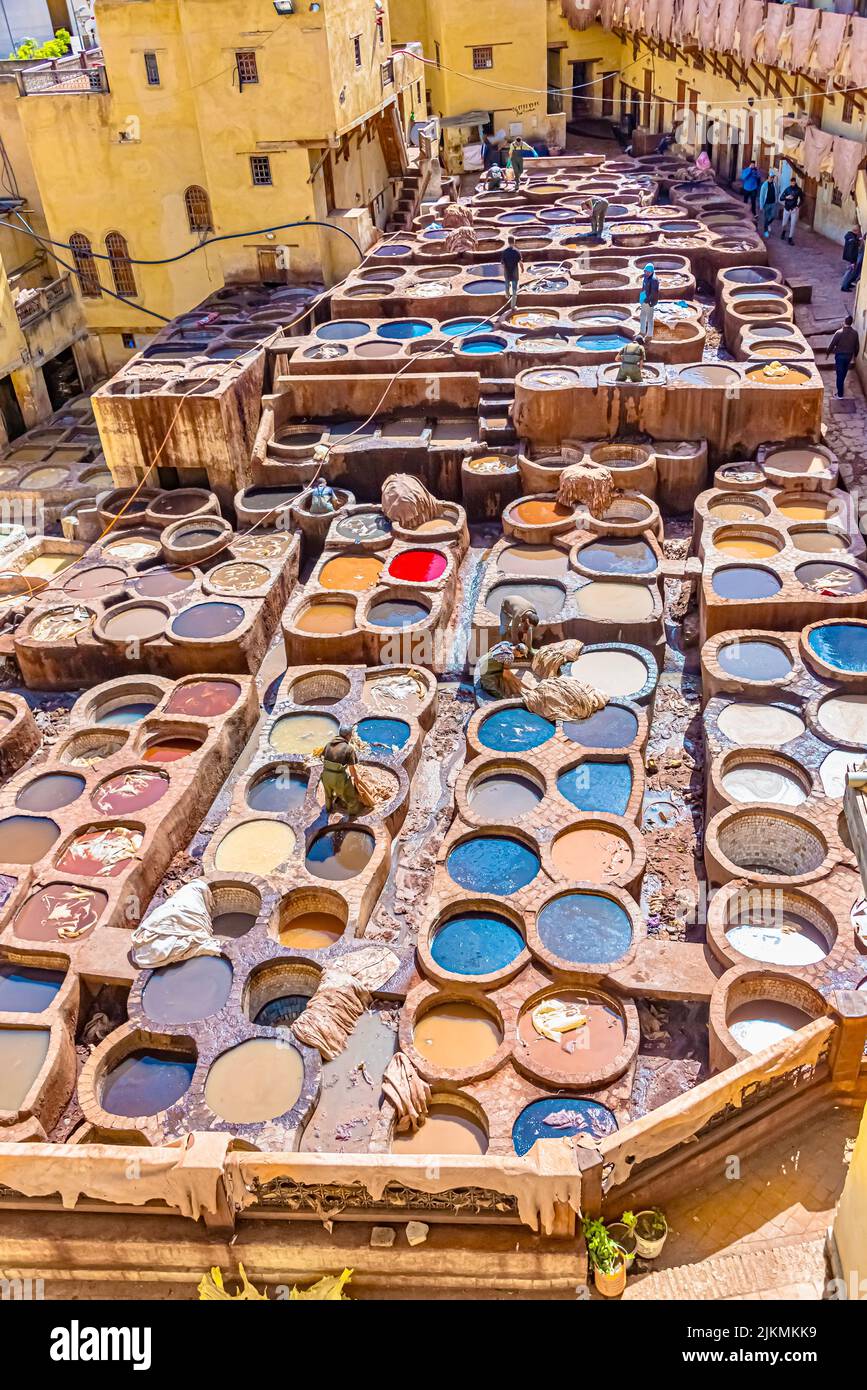 A vertical shot of the colorful tannery Fez dyeing in Morocco Stock ...