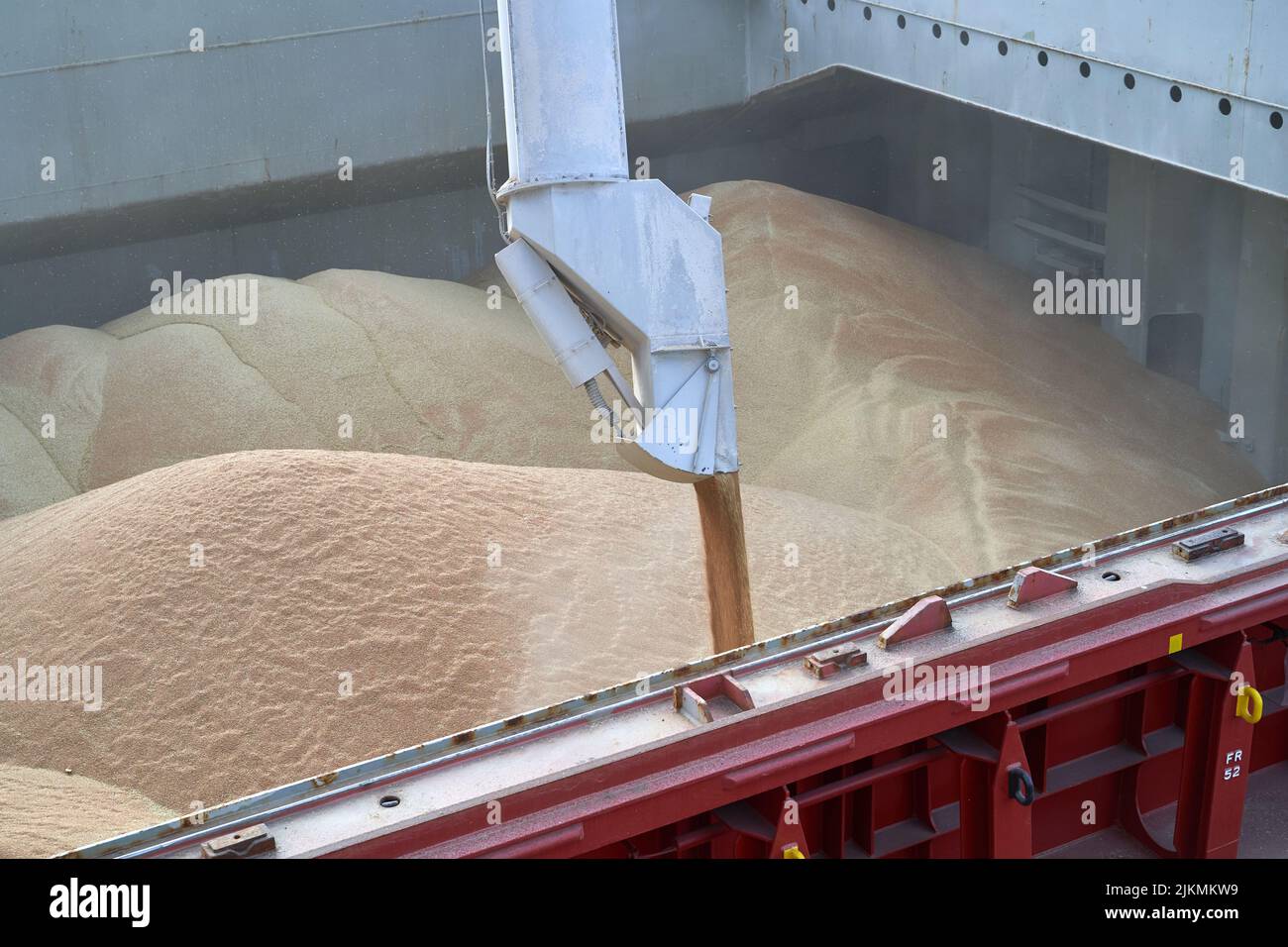 loading corn onto a bulk carrier ship in the port at the grain terminal ...