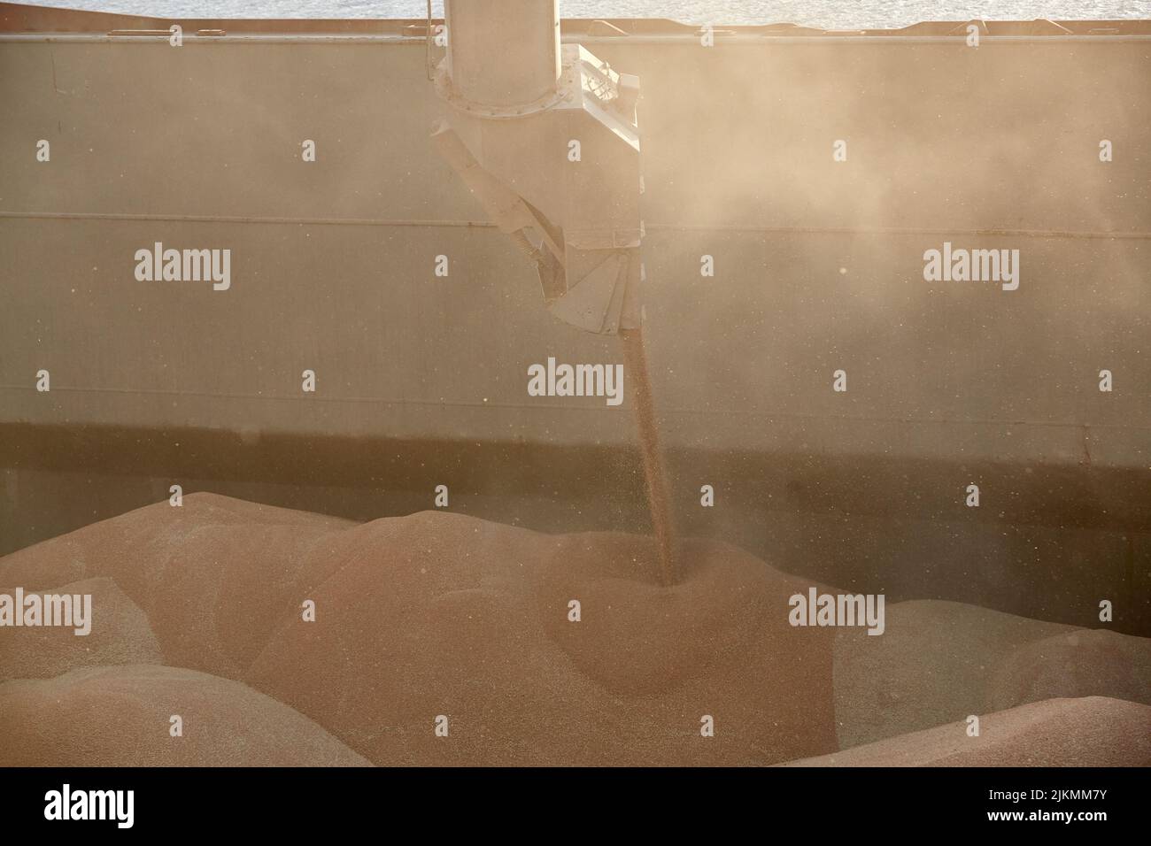loading corn onto a bulk carrier ship in the port at the grain terminal ...