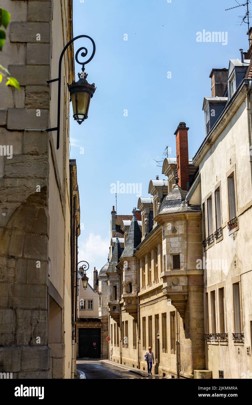 A vertical shot of historical building facades against the sky, the ...