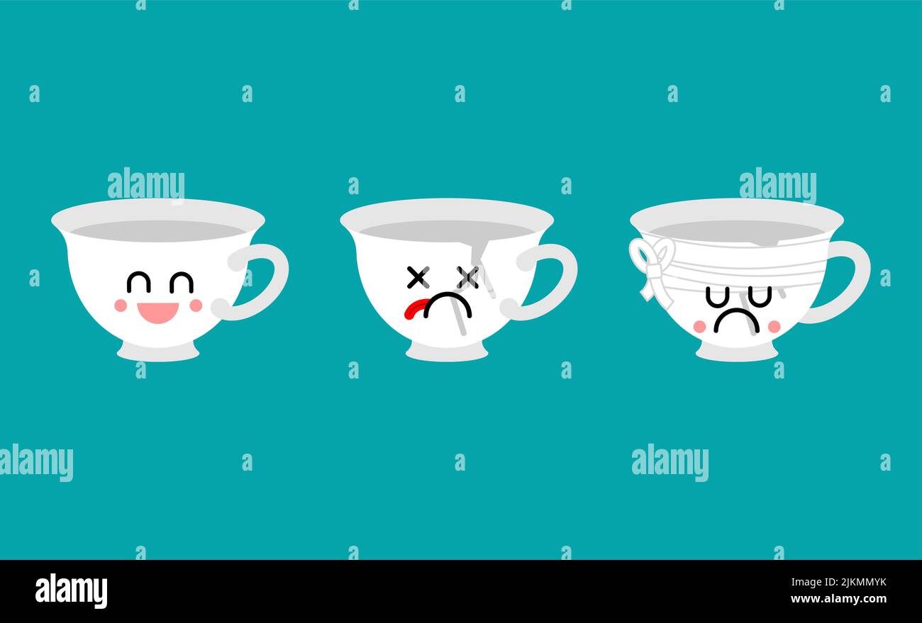 Cup cartoon set. Joyful, sad and broken mug Stock Vector Image & Art ...