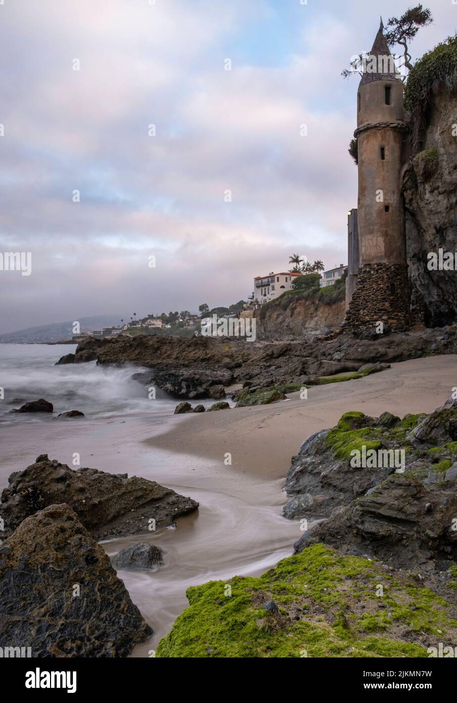 A vertical shot of the pirate tower at the laguna beach in California ...