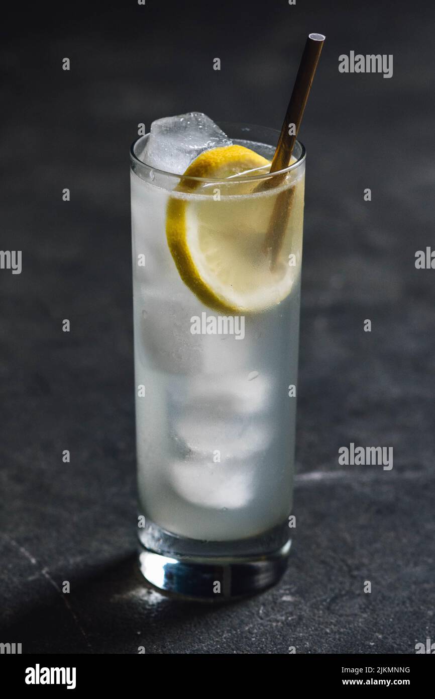 tom collins soda water cocktail in tall glass with lemon wheel, ice ...