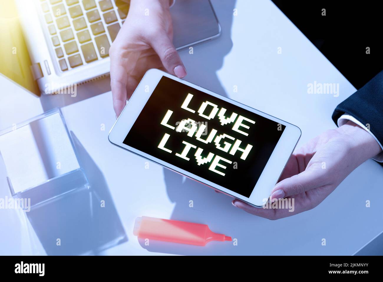 Hand writing sign Love Laugh Live, Business approach Be inspired ...