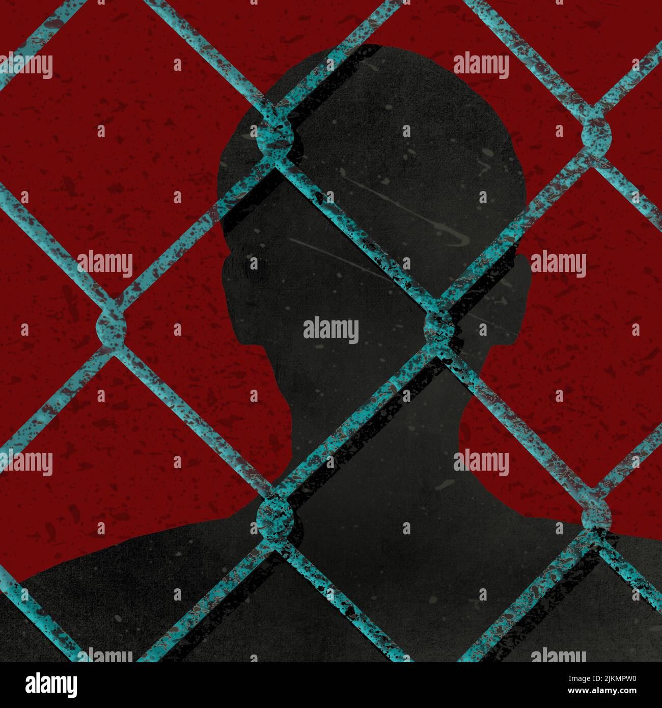 A silhouetted man is seen behind chainlink fence in a 3-d illustraton ...