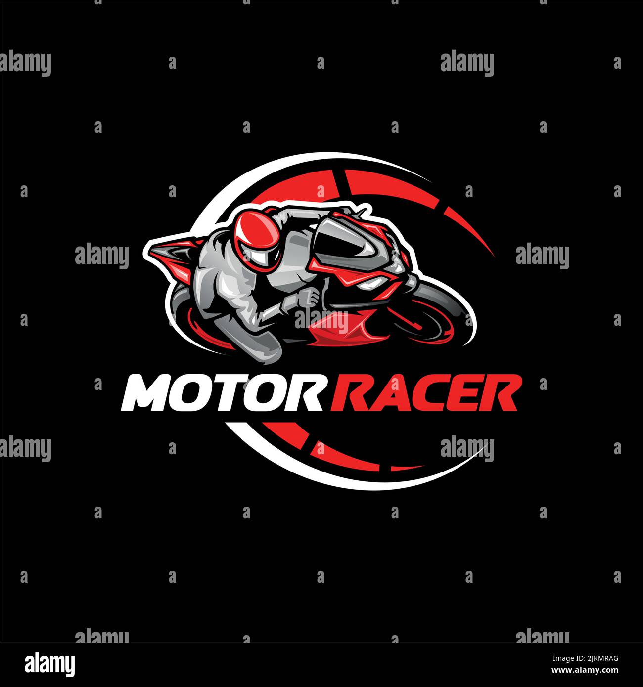 A logo design of a racer on a red motorcycle in a circle frame on a ...