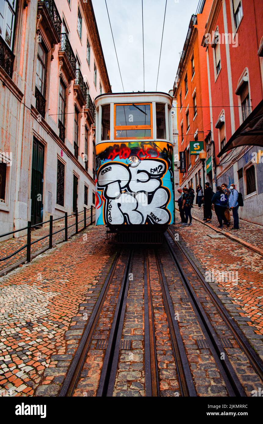 A famous tram with graffiti driving in the morning Stock Photo - Alamy
