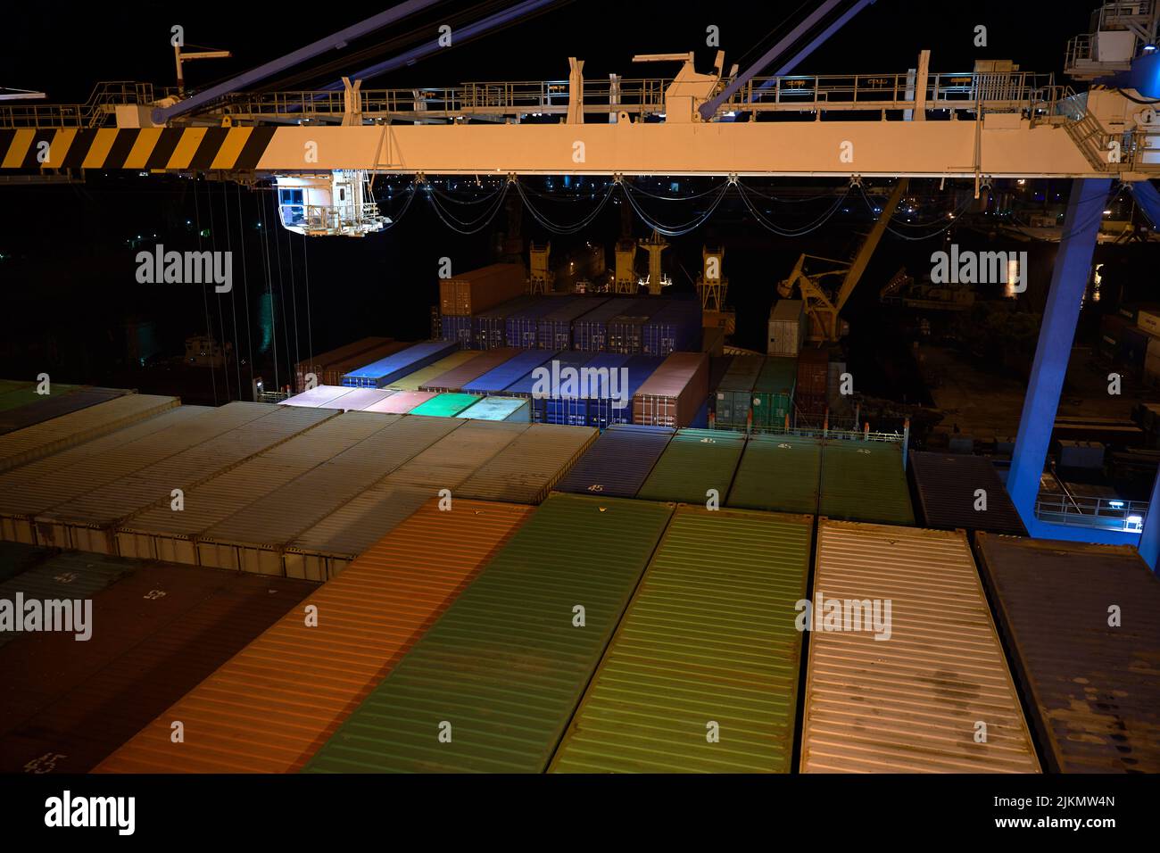 Container ship in port at container terminal. Ships of container ships ...