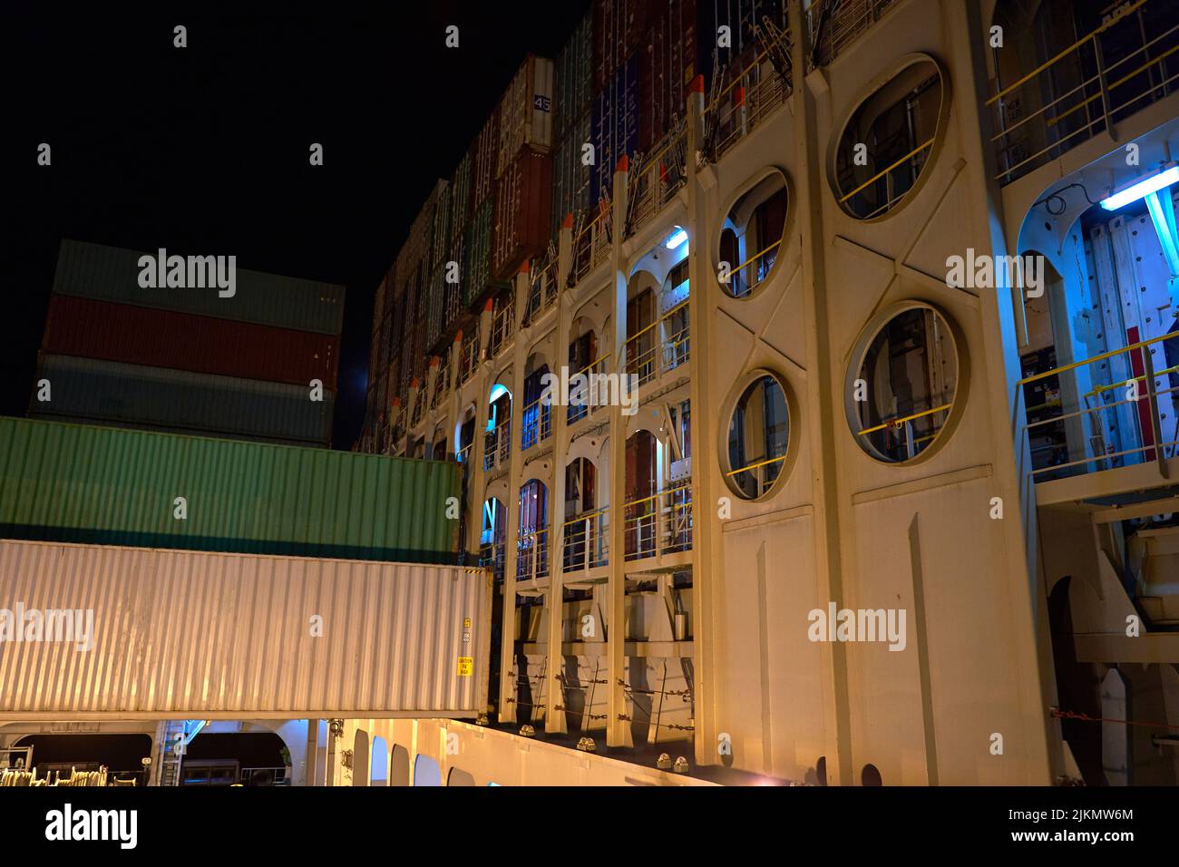 Container ship in port at container terminal. Ships of container ships ...