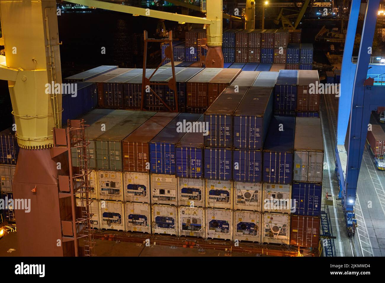 Container ship in port at container terminal. Ships of container ships ...