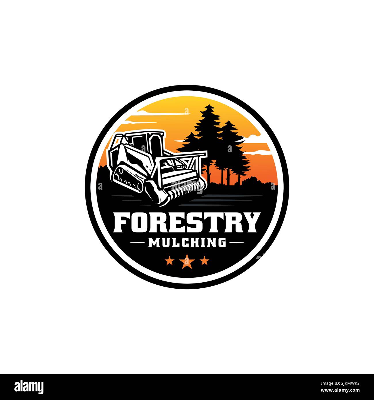 A logo design with forestry mulcher and orange sunset with trees Stock ...