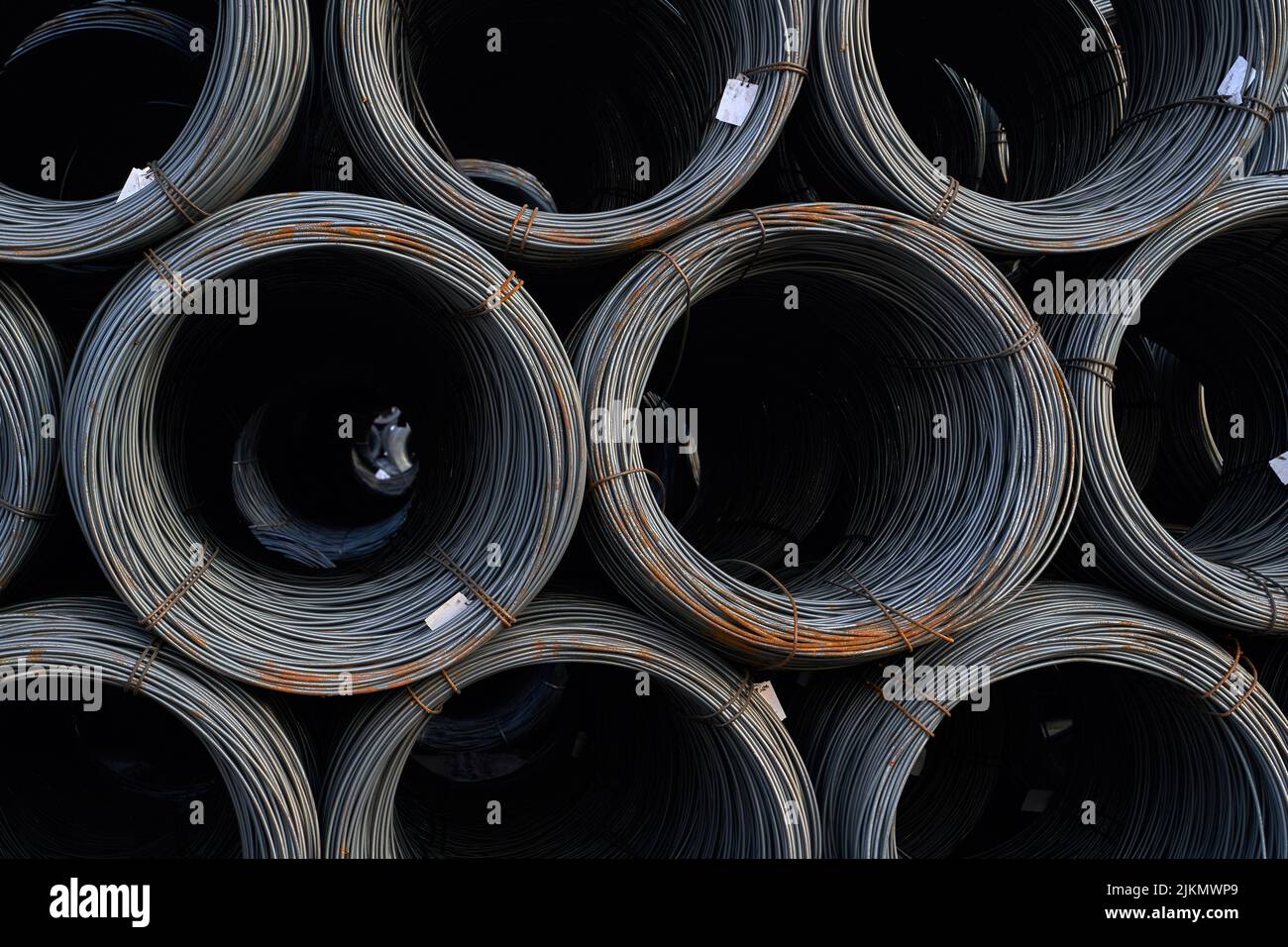 Sea transportation of cargo. Bays of steel wire at sea berth prepared ...