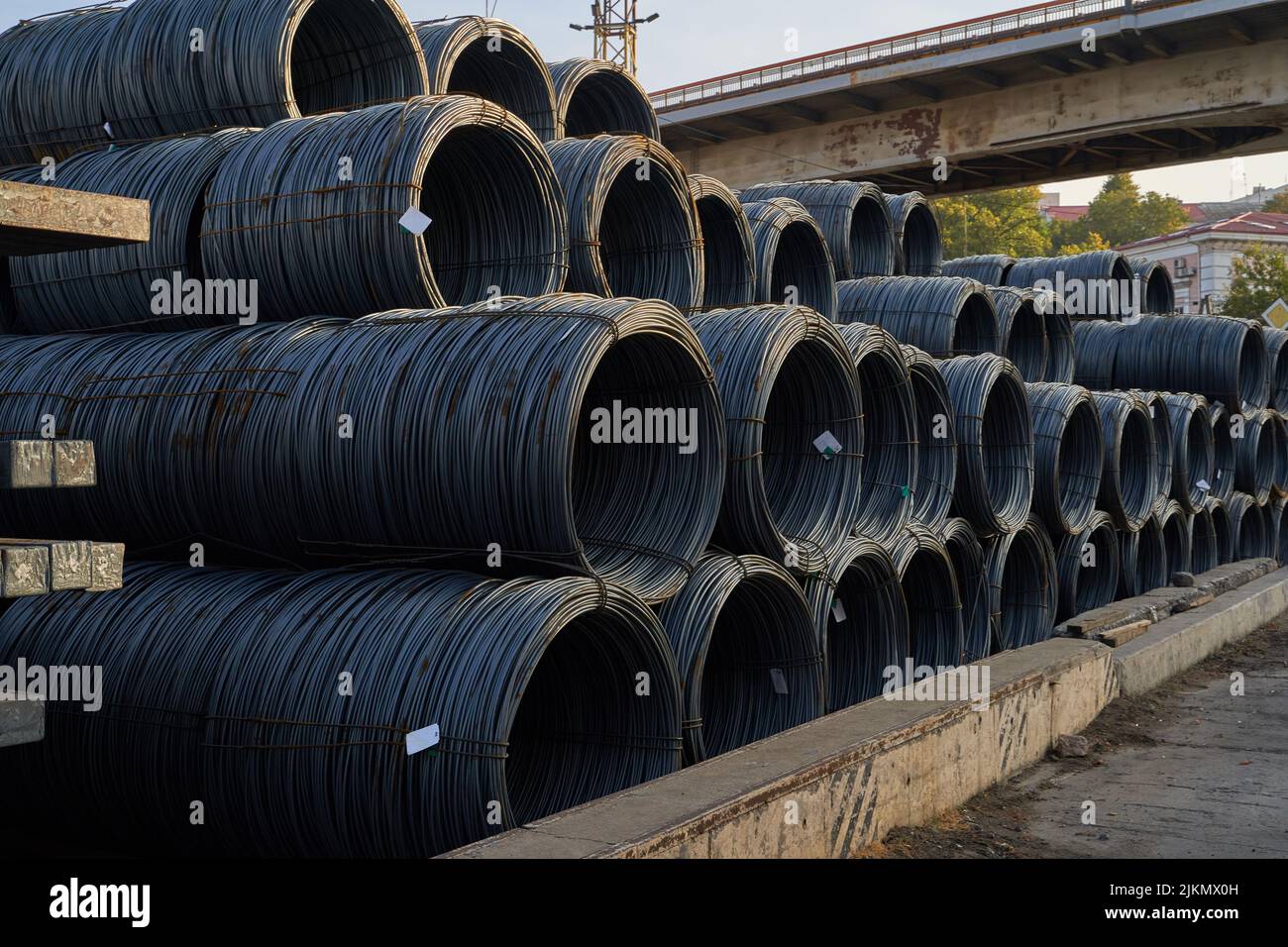 Sea transportation of cargo. Bays of steel wire at sea berth prepared ...