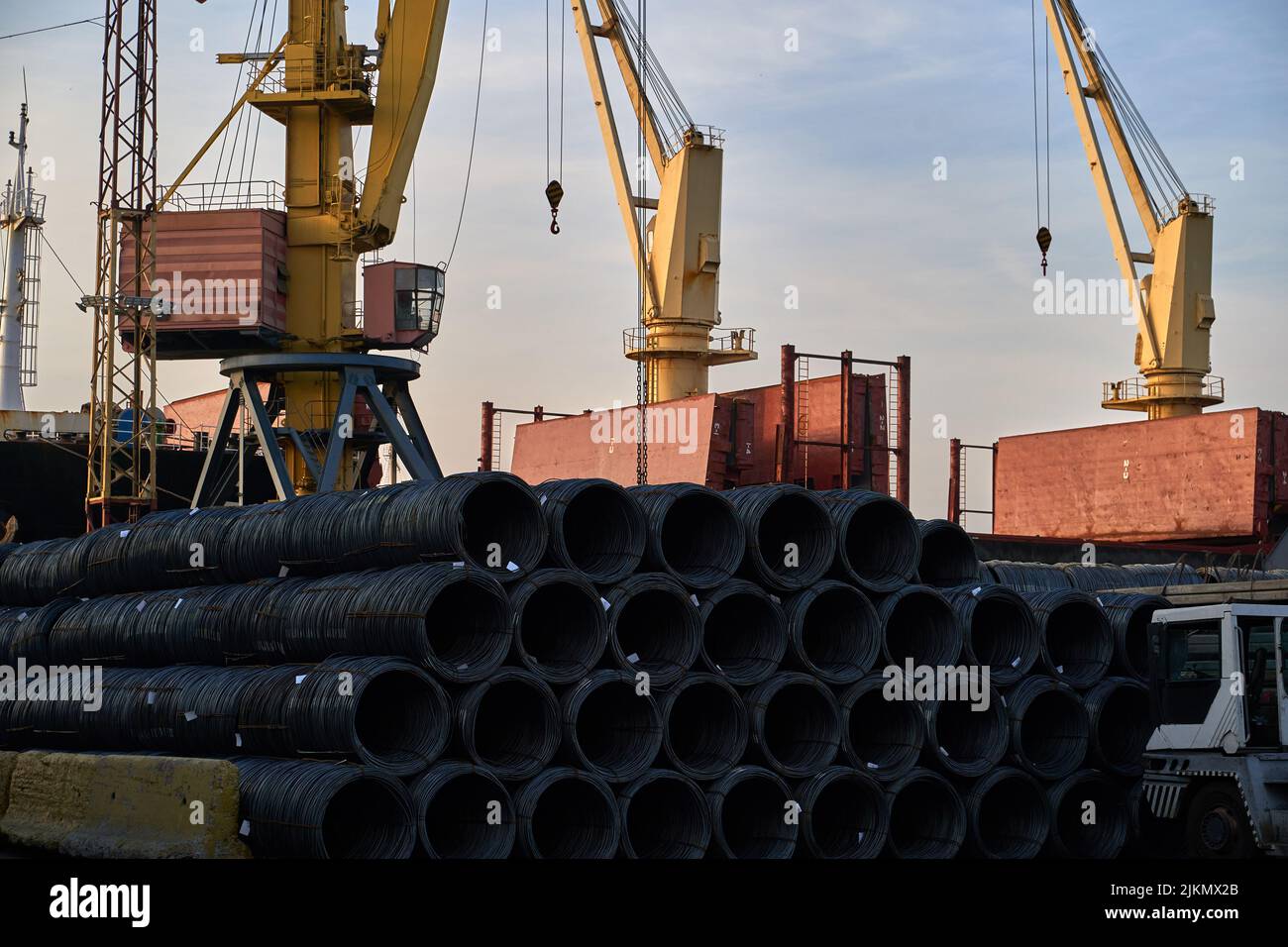 Sea transportation of cargo. Bays of steel wire at sea berth prepared ...