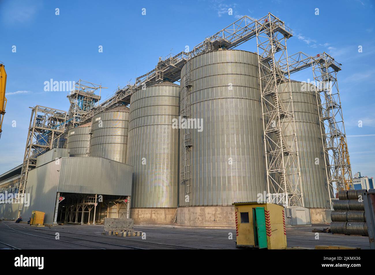 Port grain elevator. Industrial sea trading port bulk cargo zone ...