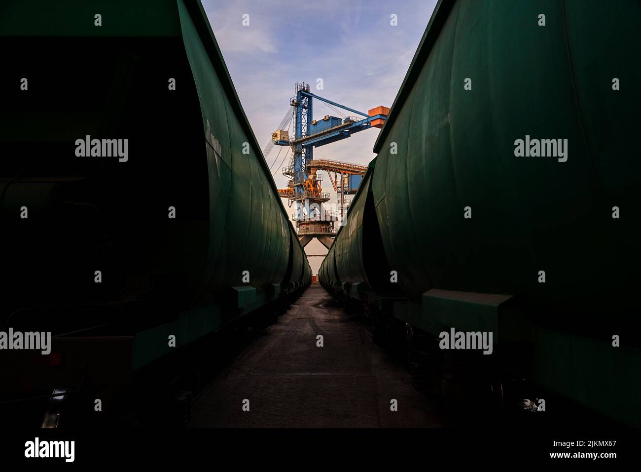 Port grain elevator. Industrial sea trading port bulk cargo zone ...