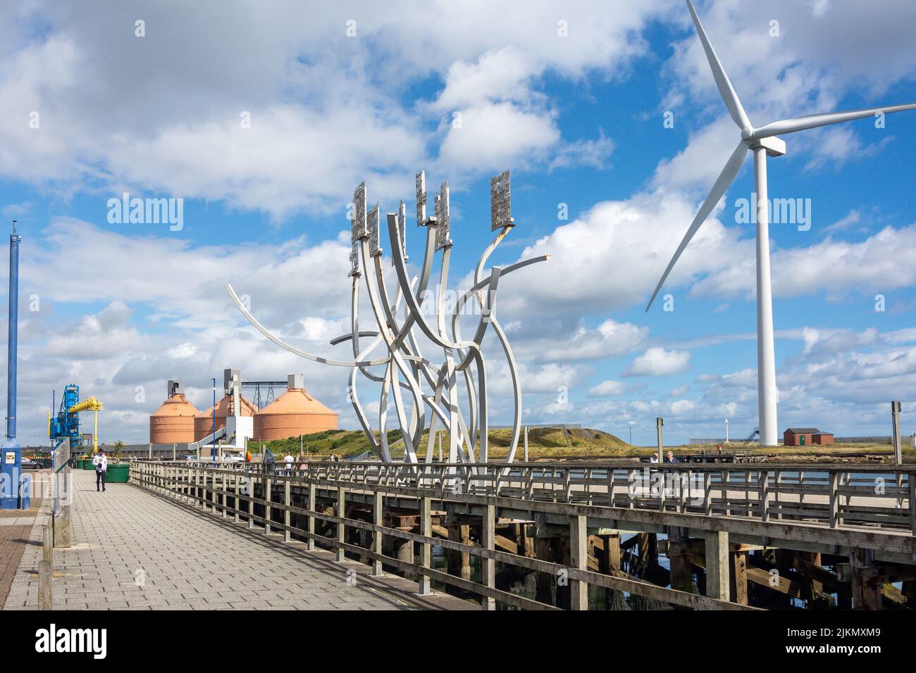 Wind turbine and Spirit of the Staithes sculpture, Blyth Quayside ...