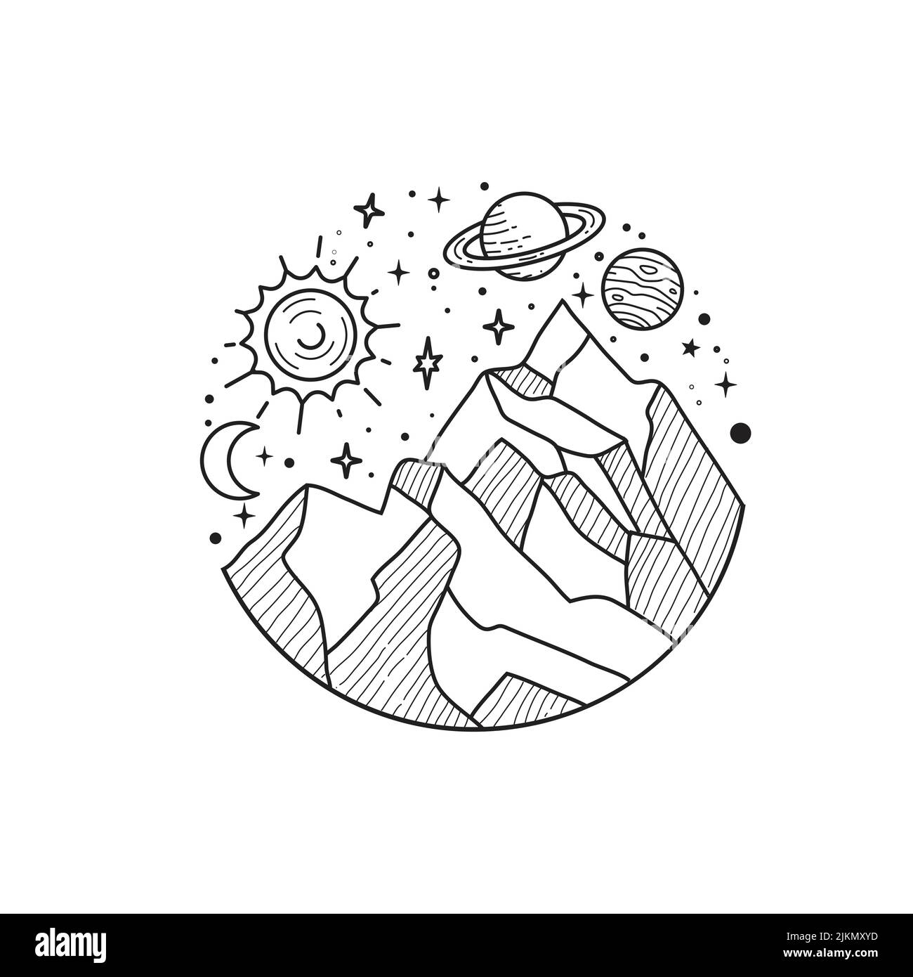A hand-drawn mountain and solar system with sun, planets, stars Stock ...