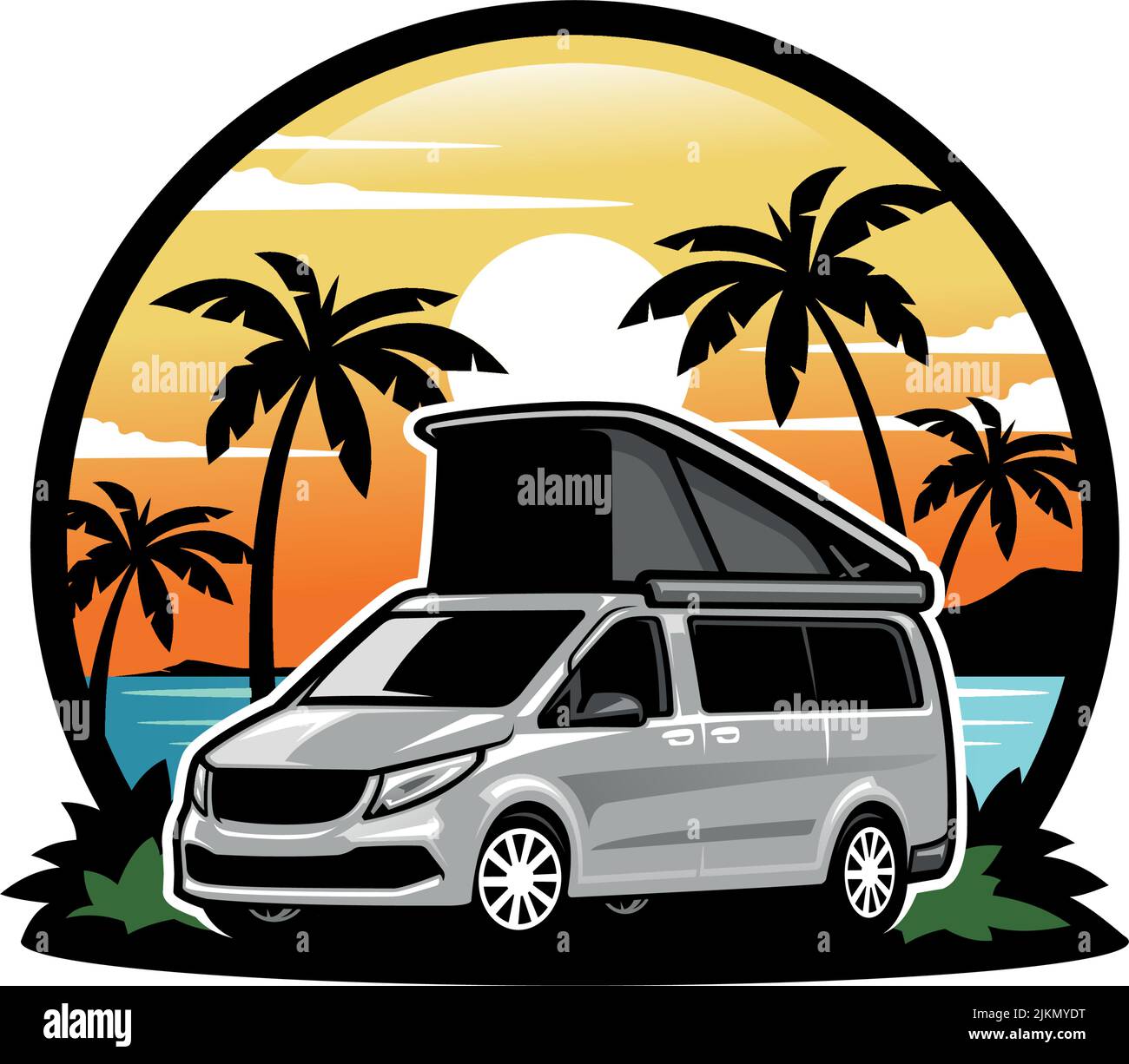 An icon with van on summer background with sun, sea, and palms. The ...
