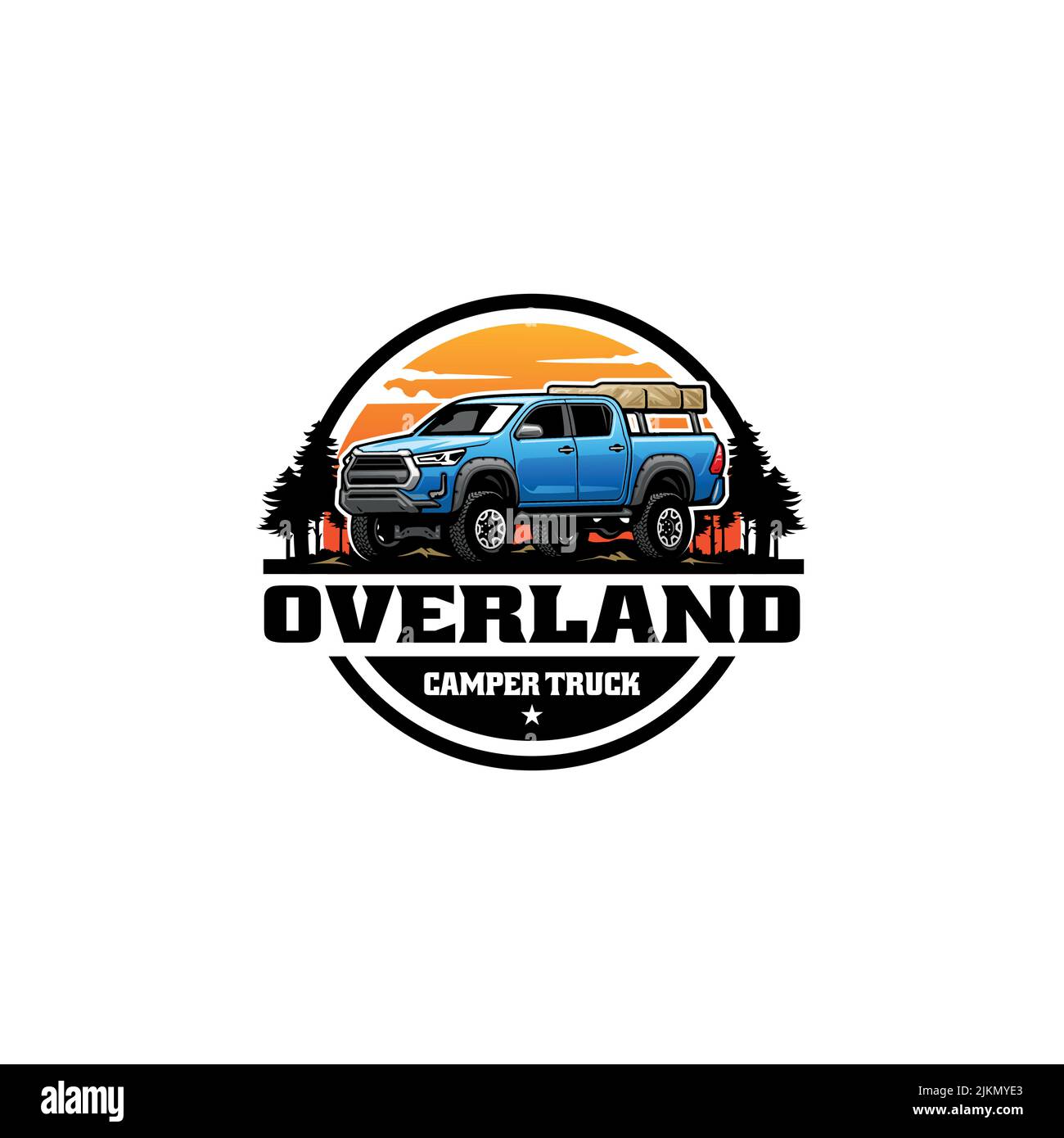 A logo design with blue overlander and orange sunset with trees Stock ...