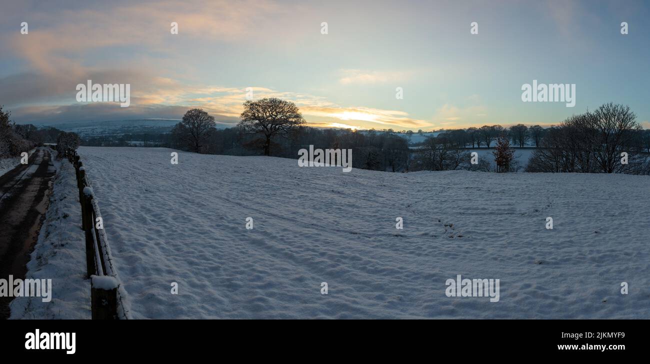 The snow on the field on the farm in the North of Yorkshire, England ...