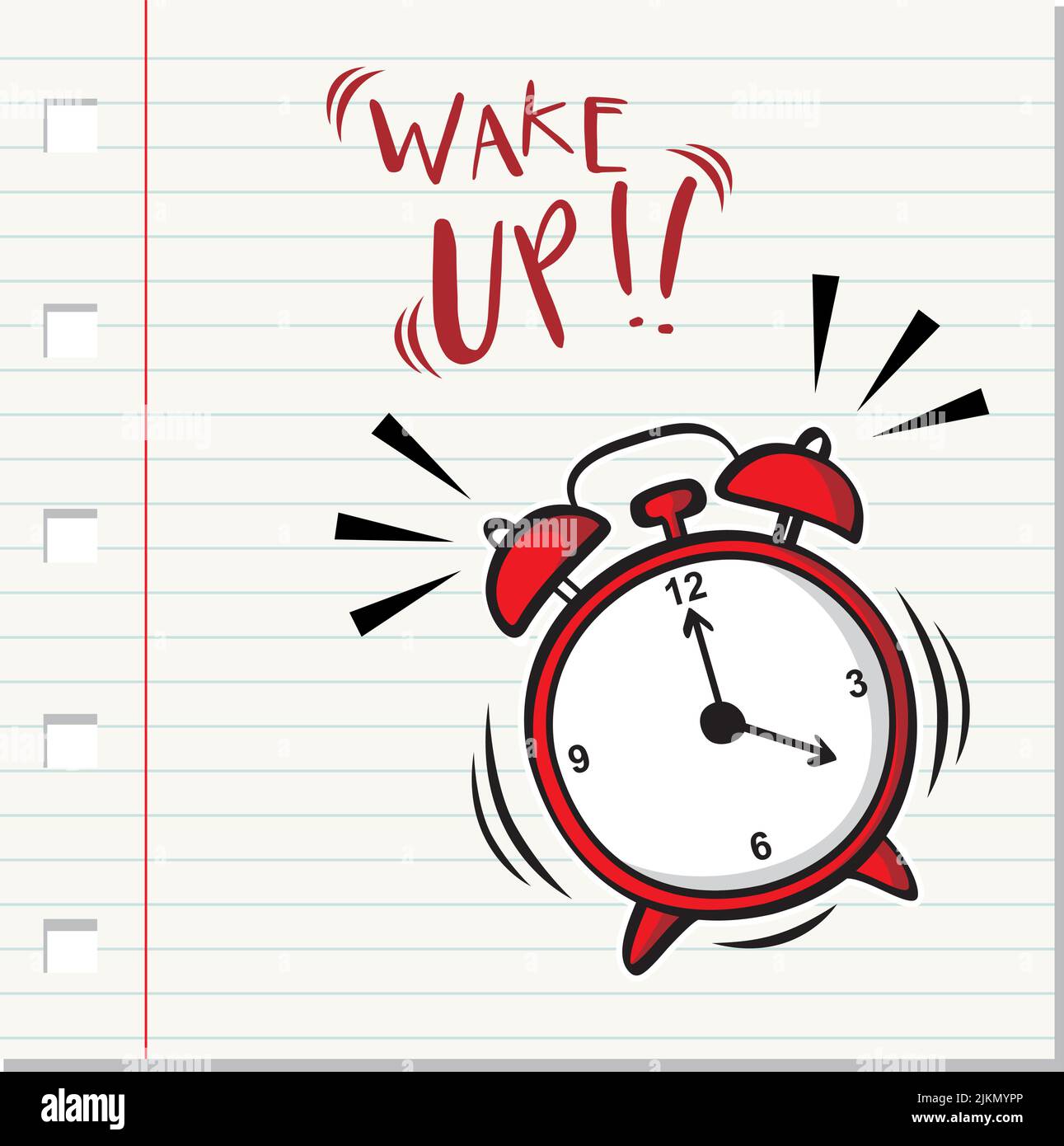 A ringing alarm clock with 'Wake up' text isolated in the paper ...