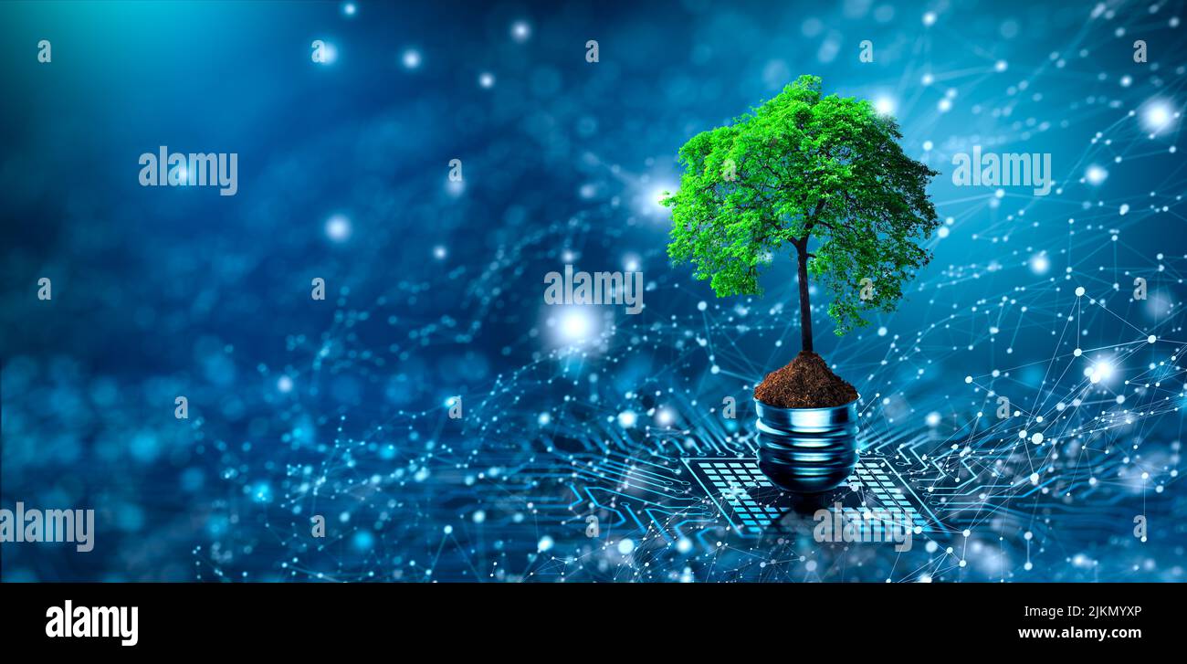 Tree with soil growing on Light bulb. Digital Convergence and and ...